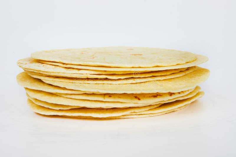 Side View of a Stack of 20 Flour Tortillas Pre-grilled on White ...