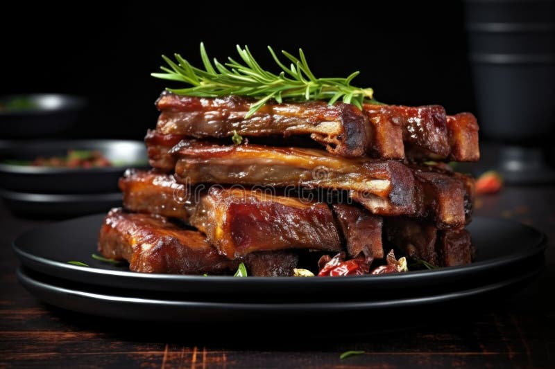 Side View of Stacked Glazed Pork Ribs on a Black Plate Stock Image ...