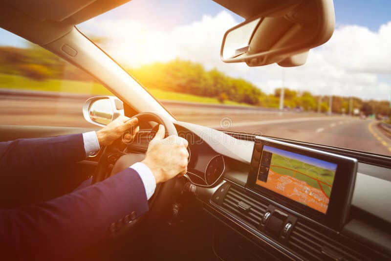 Side View of Steering Wheel and Navigation System Stock Photo - Image ...