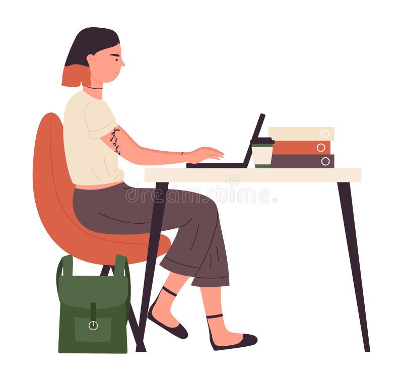 Side View of Student Girl at Table Stock Illustration - Illustration of ...