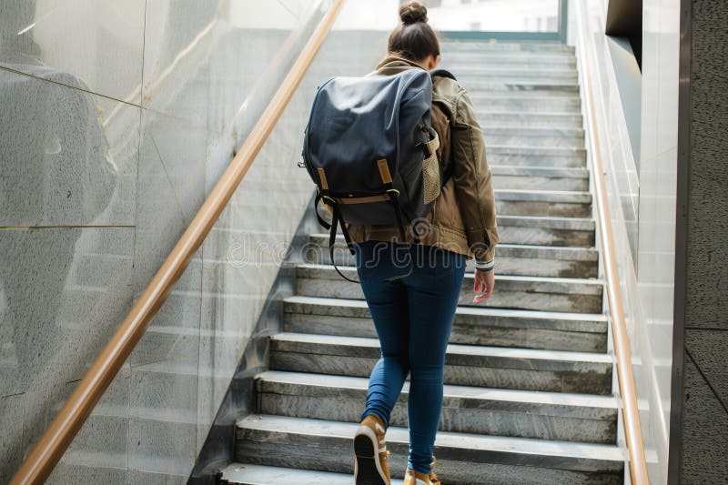 Side View of Student Walking Up Stairs with a Heavy Backpack Stock ...