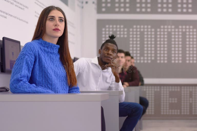 Side View of Students Using Computer in Lab. it Student Looking and ...