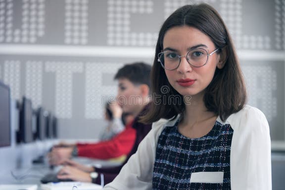 Side View of Students Using Computer in Lab. it Student Looking and ...
