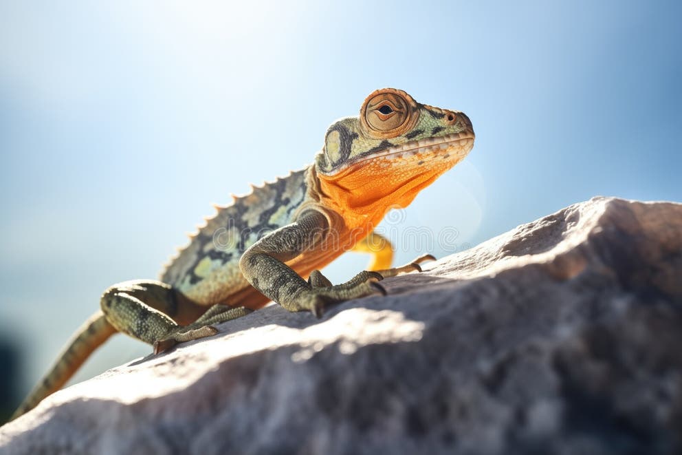Side View of Sunbathing Lizard with Shadow on a Boulder Stock Photo ...