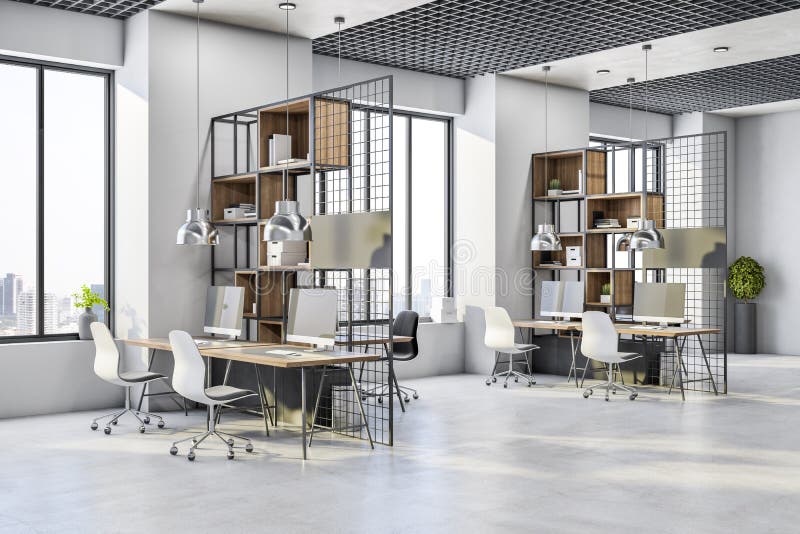 Side View on Sunny Spacious Loft Style Interior Design Office ...