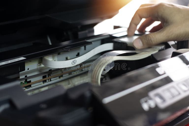 Side View of Technician Inspecting and Repairing Printer Stock Photo ...