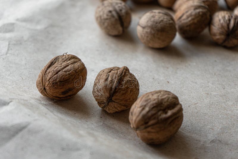Side View. Three Inshell Walnuts Opposite a Handful of Nuts. on Old ...