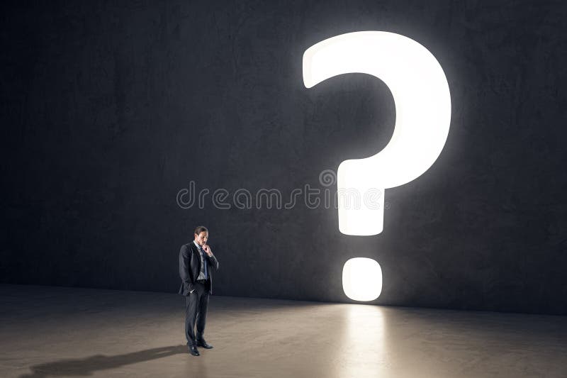 Side View of Tiny Businessman in Concrete Room Interior with Huge ...