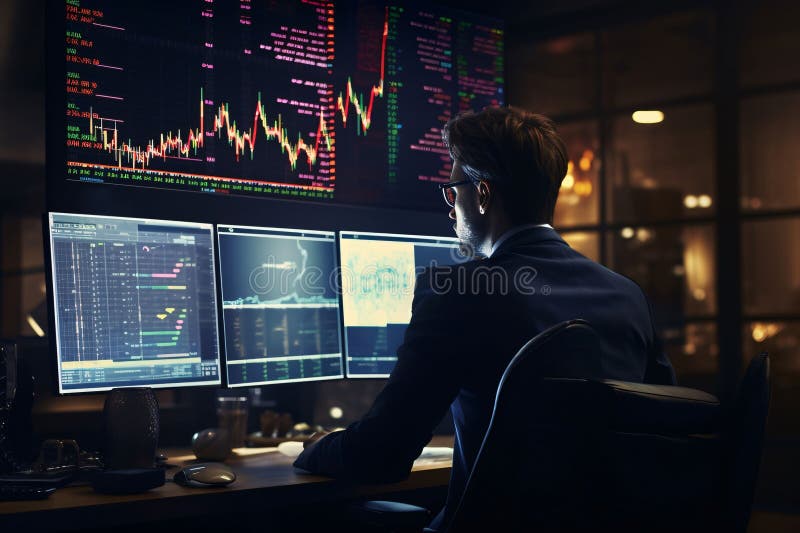 Side View of Trader Working on Computer in Night Office. Forex Trading ...