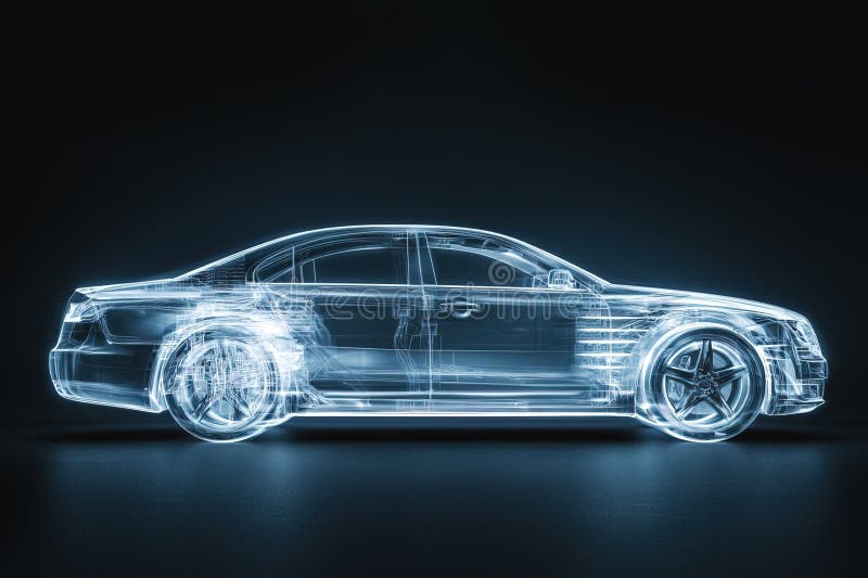 Side View Transparent Contemporary Car in X Ray on Black Background ...