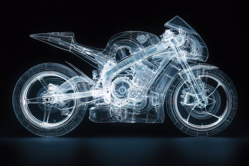 Side View Transparent Modern Motorcycle in X Ray on Black Background ...