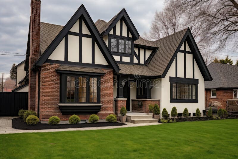 Side View of Tudor Home, Displaying Contrasting Brick Base Stock Photo ...