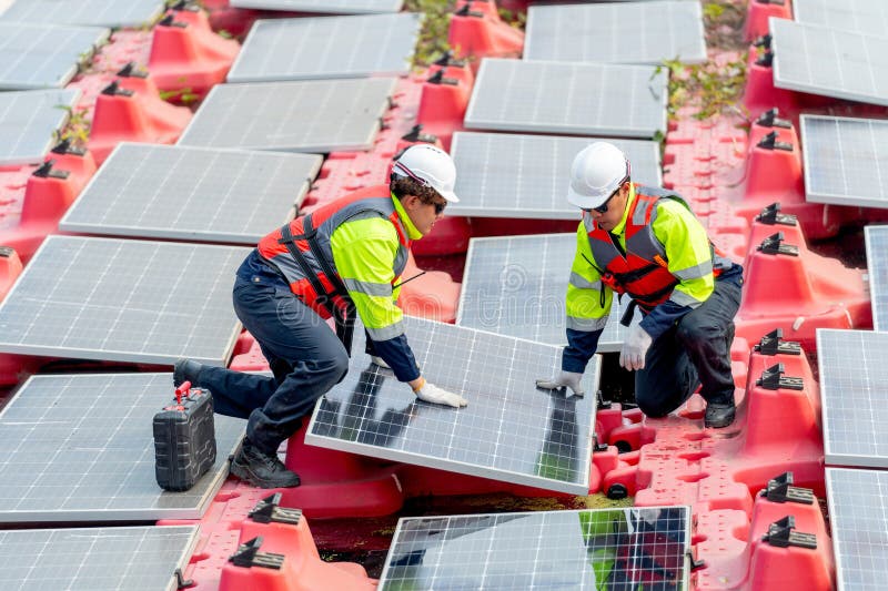 Side View of Two Professional Technician Workers Hold Solar Cell Panels ...