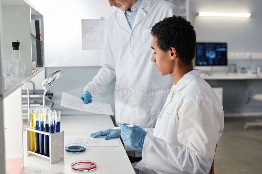 Side View Two Scientists Working with Documents in Laboratory Stock ...