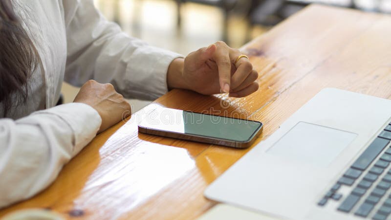 Side View of View of Female Hand Using Smartphone with Mock-up Screen ...