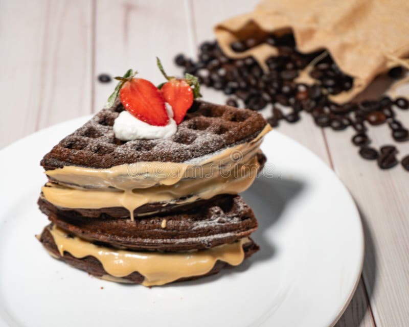 Side View of Waffles with Peanut Butter in the Inside and Strawberries ...