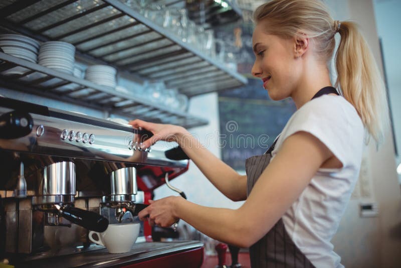 Side View of Waitress Using Coffee Maker at Cafe Stock Image - Image of ...