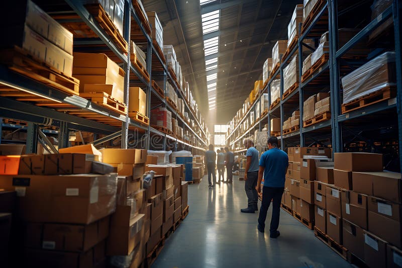 Side View of Warehouse Workers Walking through Aisle in Warehouse. this ...