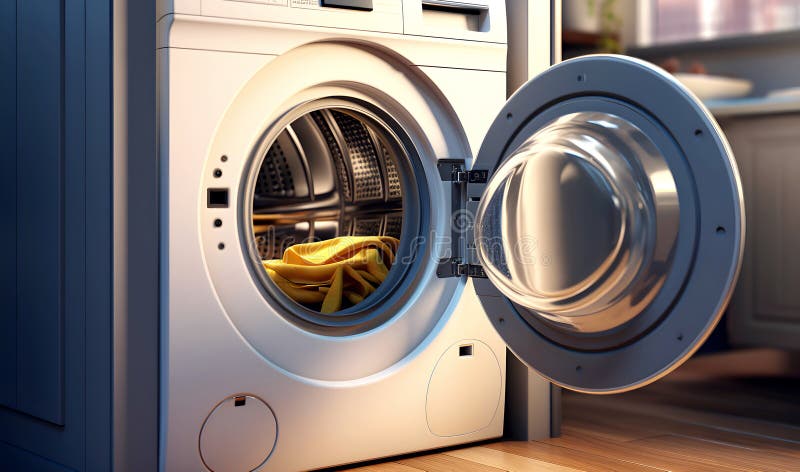 Side View of Washing Machine with Open Door and Dirty Laundry Inside ...