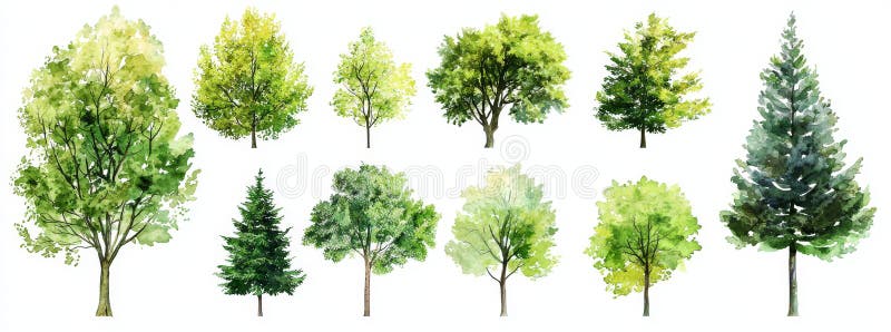 Side View of Watercolor Trees for Landscape Planning Stock Photo ...