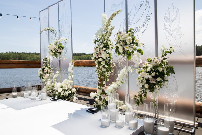 Side View of Wedding Ceremony with White Transparent Screens and Fresh ...