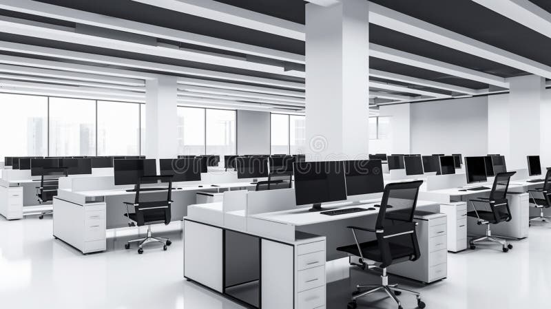 Side View of White and Black Open Space Office Interior with Rows of ...