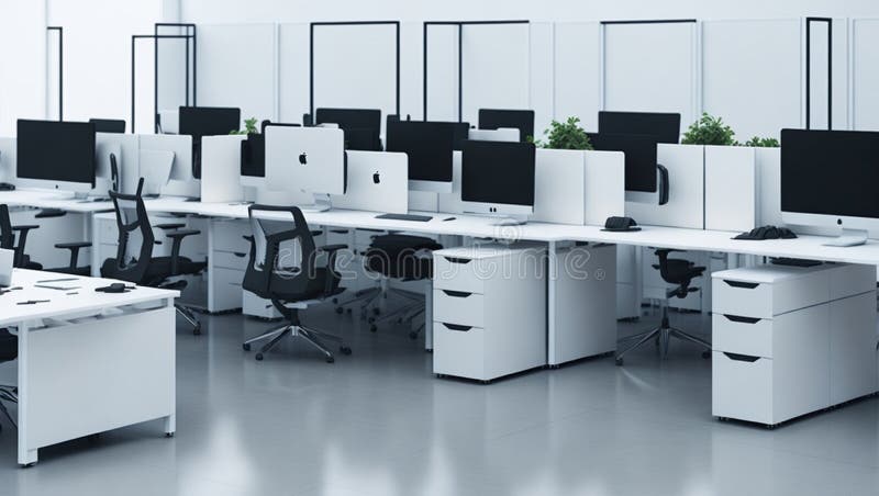 Side View of White and Black Open Space Office Interior with Rows of ...