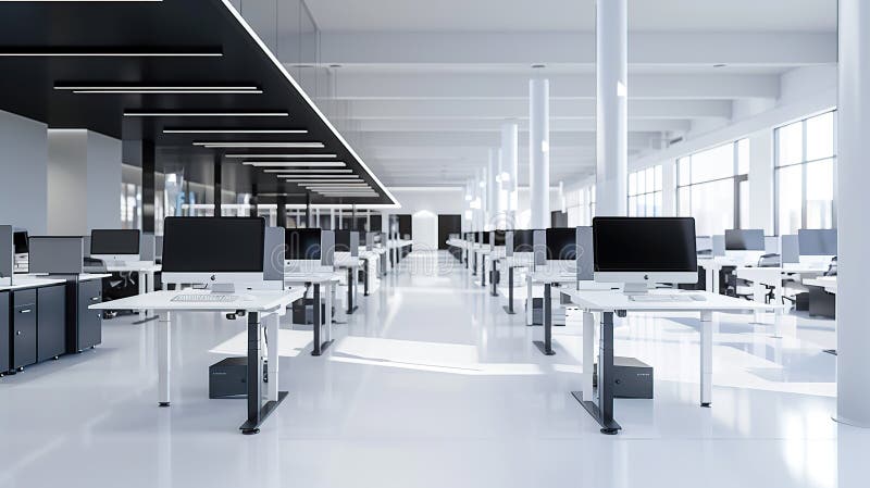 Side View of White and Black Open Space Office Interior with Rows of ...