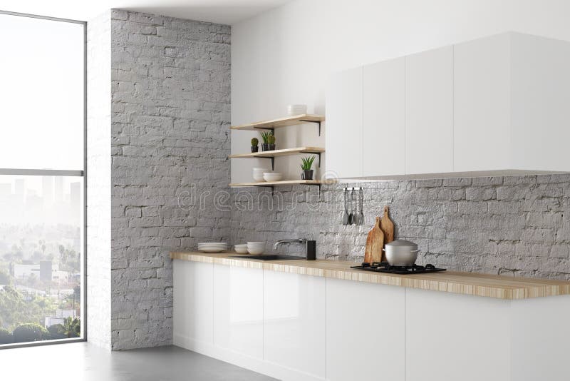 Side View of White Brick Kitchen Stock Illustration - Illustration of ...