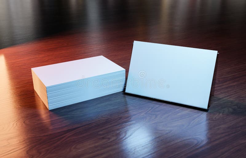 White Business Card Stack on Wooden Desk 3D Rendering Stock ...