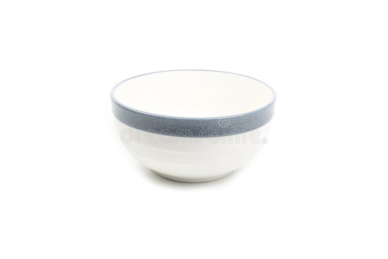 Side View, White Ceramic Round Bowl with Light Blue Rim Isolated on a ...