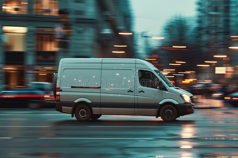 Side View of White Delivery Van Driving on the City Stock Illustration ...