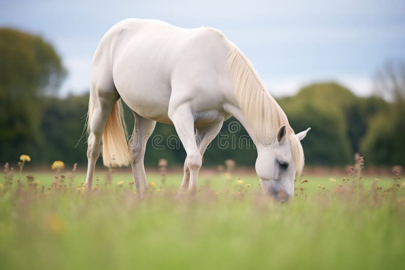 Side View of a White Horse Grazing in a Field of Bluebells Stock Photo ...
