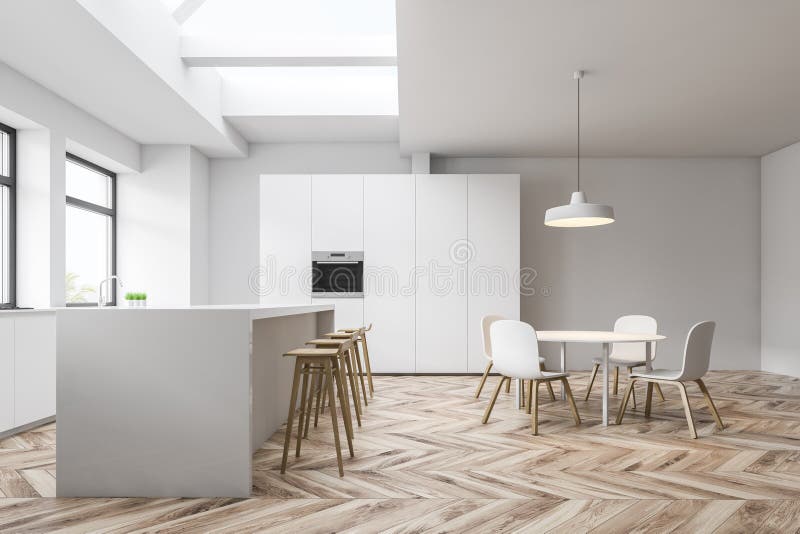 Side View of White Kitchen with Bar and Table Stock Illustration ...