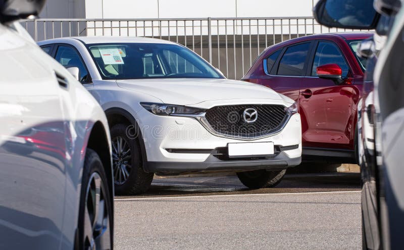 Side View of a White Mazda CX-5 with Showroom Displaying Logo in the ...