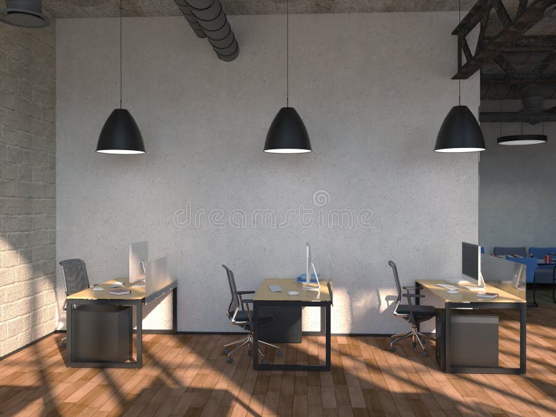 Side View of a White Office of a Company with a Two Large Table, Two ...