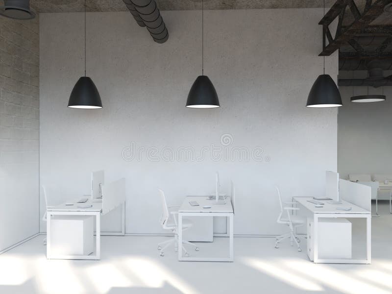 Side View of a White Office of a Company with a Two Large Table, Two ...