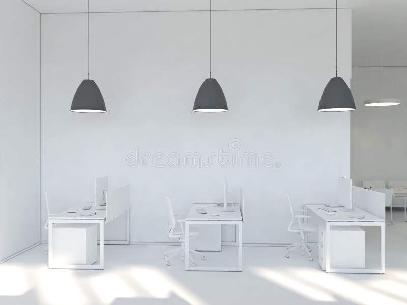 Side View of a White Office of a Company with a Two Large Table, Two ...