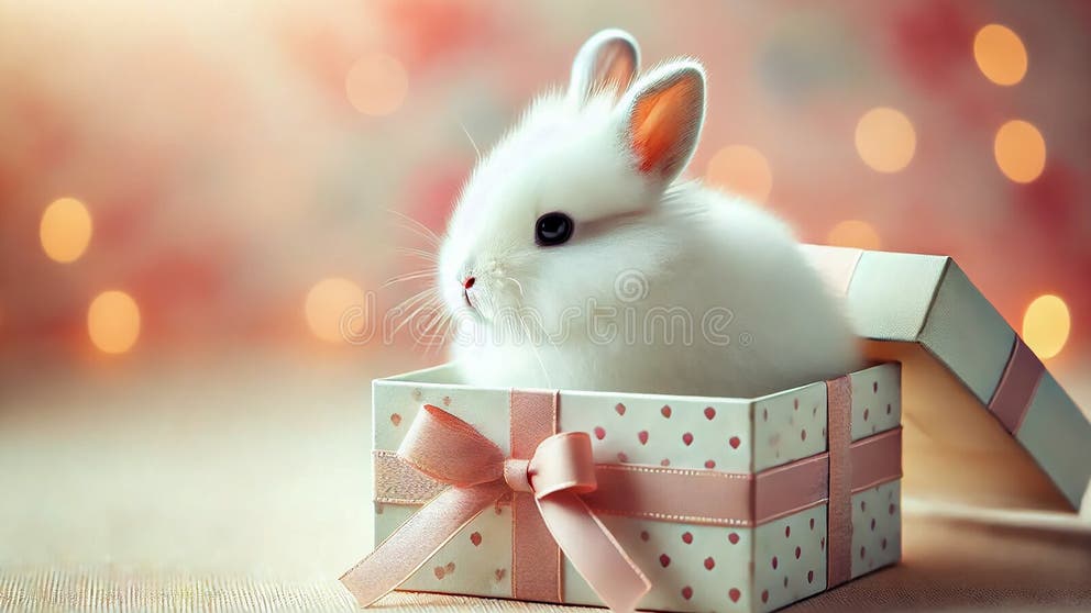 A Side View of a White Rabbit Sitting Inside a Gift Box with a Ribbon ...