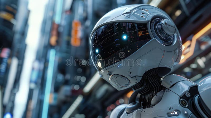 Side View of a White Robot Cat Floating beside Skyscraper Windows ...