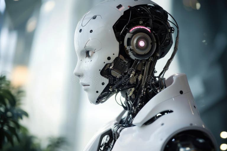 Side View of a White Robotic Android Face with Visible Internal Wiring ...