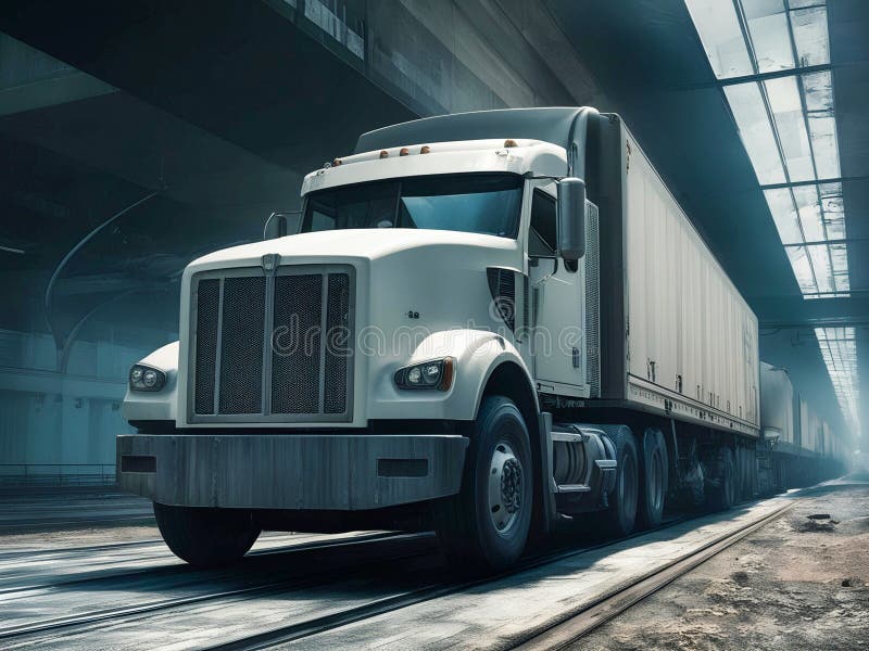 Side View of White Semi Truck and Empty Trailer in Warehouse Stock ...