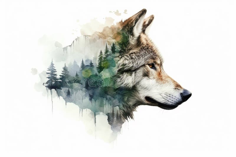 Side View of Wolf Head Double Exposure with Forest Watercolor ...