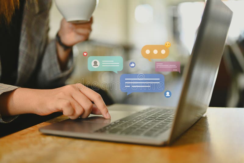 Side View of Woman Commenting, Sharing Posts and Reading Articles on ...