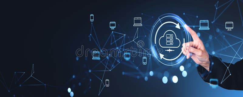 Woman Finger Touch Cloud Service Hologram and Files Transfer, Sync Sign ...