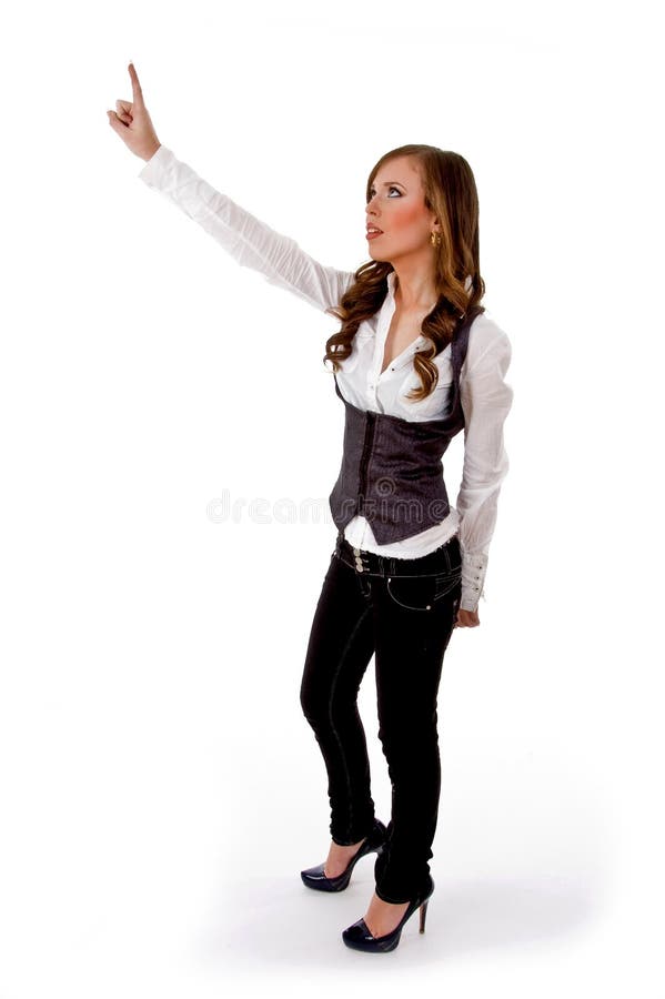 Side View of Woman Pointing Stock Image - Image of studio, attractive ...