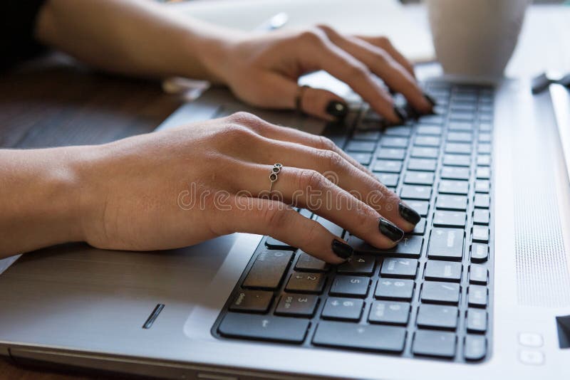 Side View of Woman S Hands Writing on Laptop. Stock Photo - Image of ...