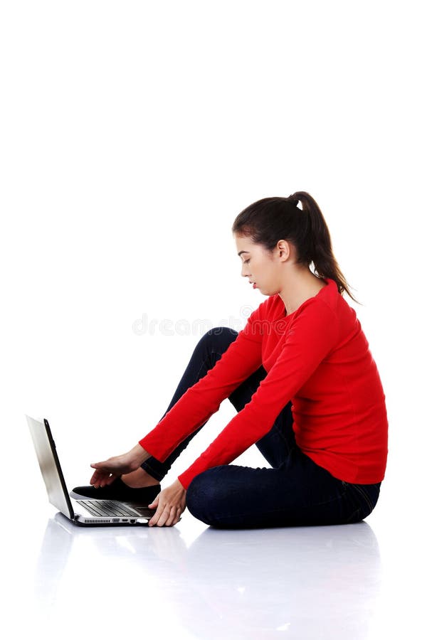Side View Woman Sitting Cross-legged with Laptop Stock Photo - Image of ...