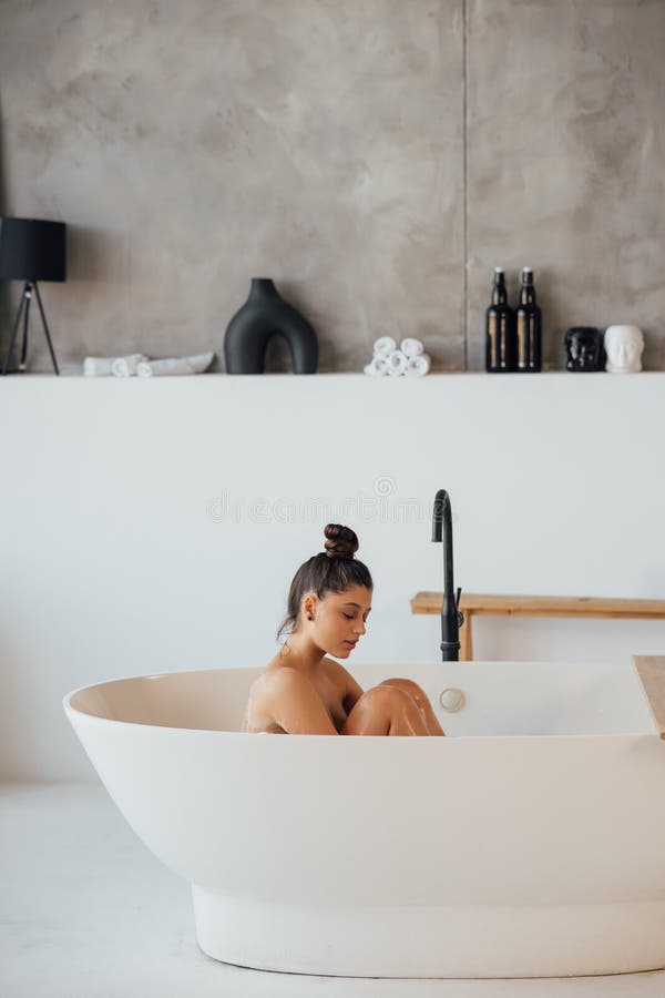 Side View Of A Woman Taking A Foam Bath At Home Stock Image Image Of