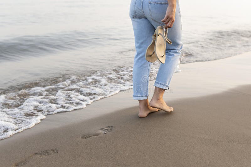 Side View Woman Taking Walk by Beach. High Quality Photo Stock Image ...